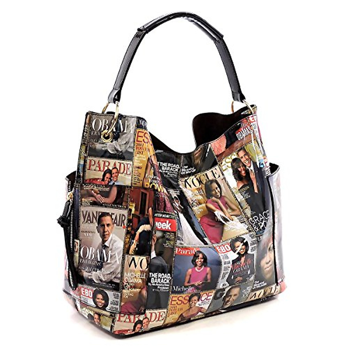 Magazine Cover Collage Michelle Obama Printed Square Hobo bag + Crossbody purse + Wallet 3pcs Set (Multi)