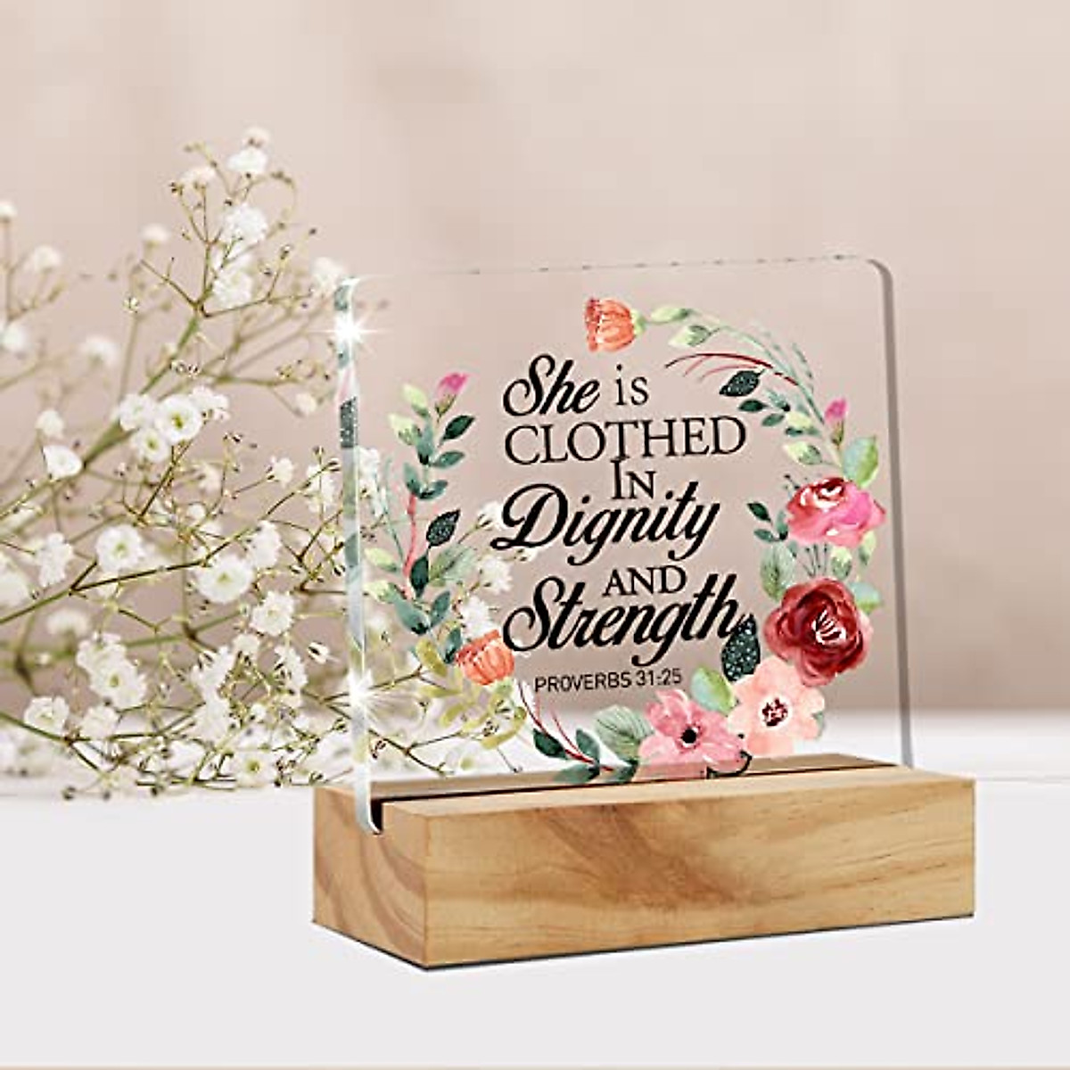 Bible Verse She is Clothed in Dignity and Strength Desk Decor Acrylic Desk Sign Inspirational Scripture Christian Acrylic Plaque Home Office Desk Shelf Decoration 4.7"x4.7"