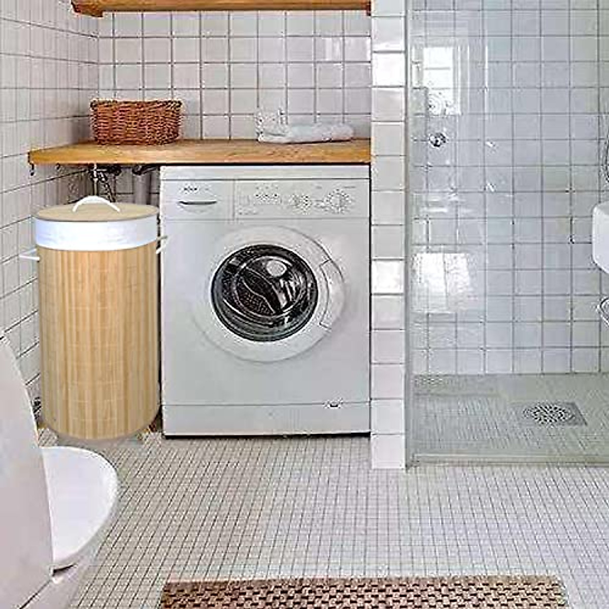 Bamboo Round Clothes Laundry Hamper with Lid 2 Removable Liner Bags,Handwoven Bamboo Laundry Basket with Easy Carry Handles,Large Clothes Basket for Clothes,Bedroom, Toys in Bathroom, Beige