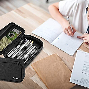 ProCase Pencil Bag Pen Case, Large Capacity Students Stationery Pouch Pencil Holder Desk Organizer with Double Zipper, Portable Pencil Pouch for School Office Supplies -Black