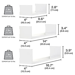 MELANNCO Floating U Shelves for Bedroom, Living Room, Bathroom, Kitchen, Nursery, Set of 3, White