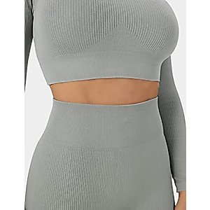 Buttergene Women Workout Sets 2 Pieces Long Sleeve Yoga Outfits Gym Clothes Seamless Ribbed Crop Top High Waist Leggings