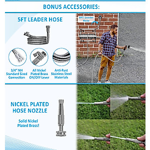 Morvat Stainless Steel Metal Water Hose Reel for 150FT Hose, Retractable Garden Hose Holder with Storage Shelf & Crank, Wall/Floor Mount, Includes 5Ft Leader Hose with ON/OFF Valve & Accessories