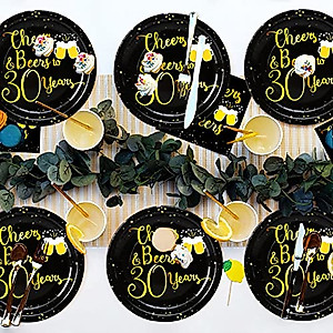 30th Birthday Party Supplies Cheers & Beers Tableware Set Cheers to 30 Years Plates 7"and Napkins for Black and Gold Birthday Supplies 30th Birthday Anniversary Whiskey Party Decorations (Serves 20)