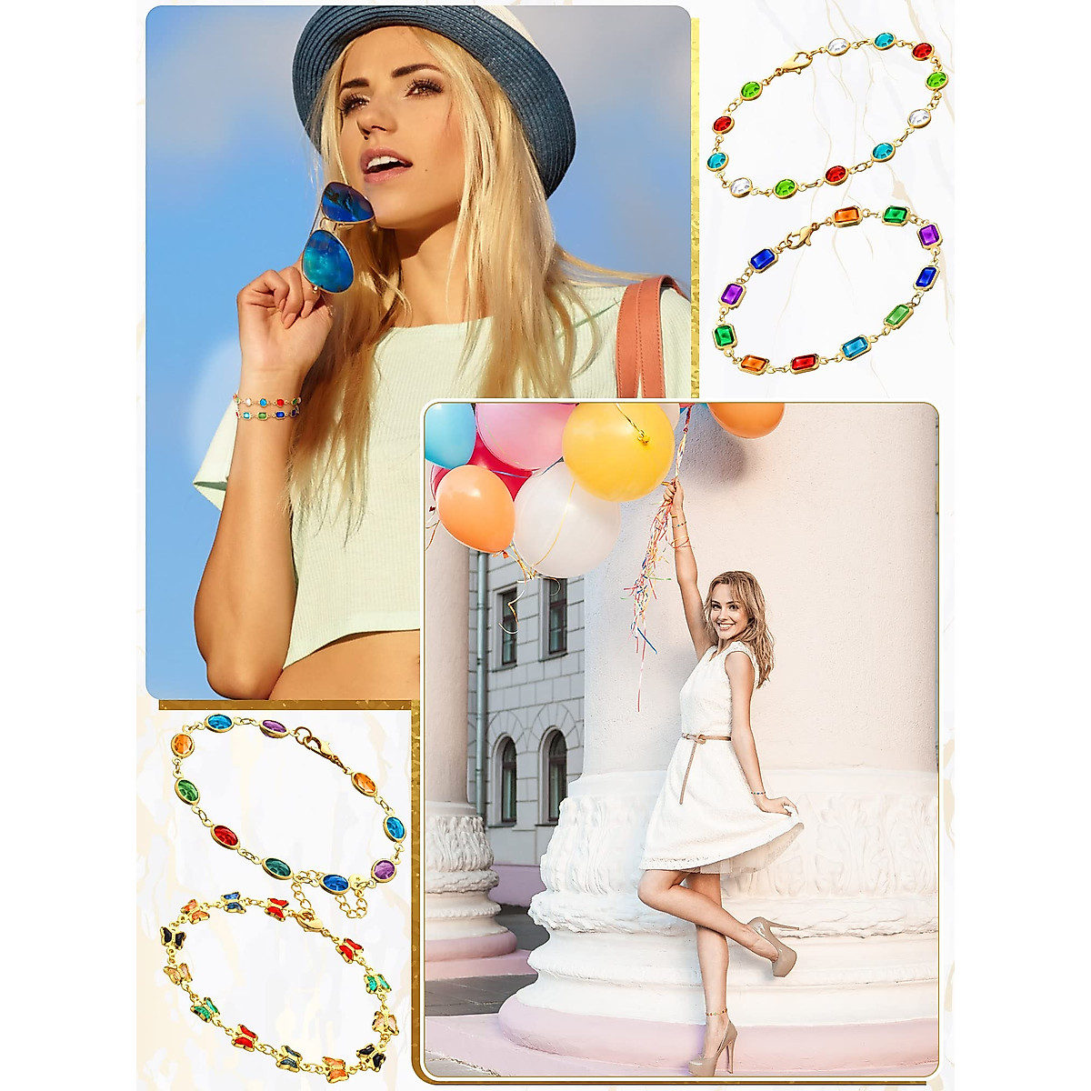 Jadive 5 Pieces 18k Gold Plated Crystal Anklets for Women Multi Stone Bracelet Rectangular Round Heart Oval Butterfly Shaped Cute Anklet Bracelet for Women Girls Jewelry Gift(Gold)