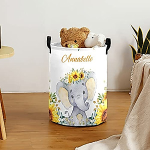Sunflower Elephant Personalized Waterproof Foldable Laundry Basket Bag with Handle, Custom Collapsible Clothes Hamper Storage Bin for Toys Laundry Dorm Travel Bathroom