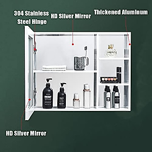 ROLTIN Bathroom Mirror Cabinet Wall Mounted Locker Bathroom Mirror with Shelf Metal Mirror Cabinet Wall Cabinet (White 60 * 68 * 12CM)