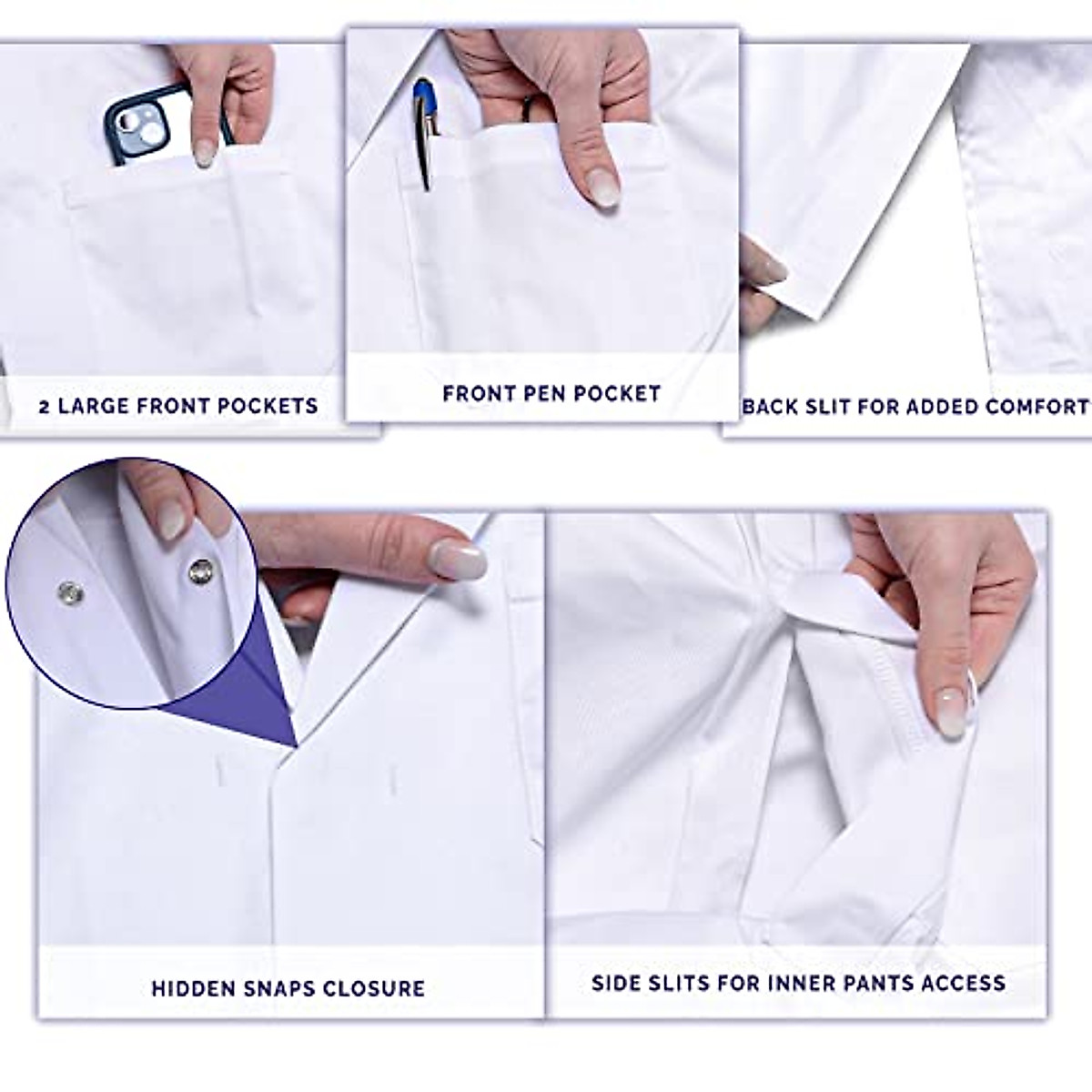 Medvat Premium Non-Iron Cotton White Lab Coat with Hidden Snaps for Adult Men & Women, Doctors & Medical Students, Size S-XL
