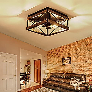 Mayful Flush Mount Light Fixture, 2-Light Rustic Ceiling Light Combine with Metal and Wood Frame, Farmhouse Flush Mount Ceiling Light for Kitchen Hallway Entryway Bedroom Porch Living Room…