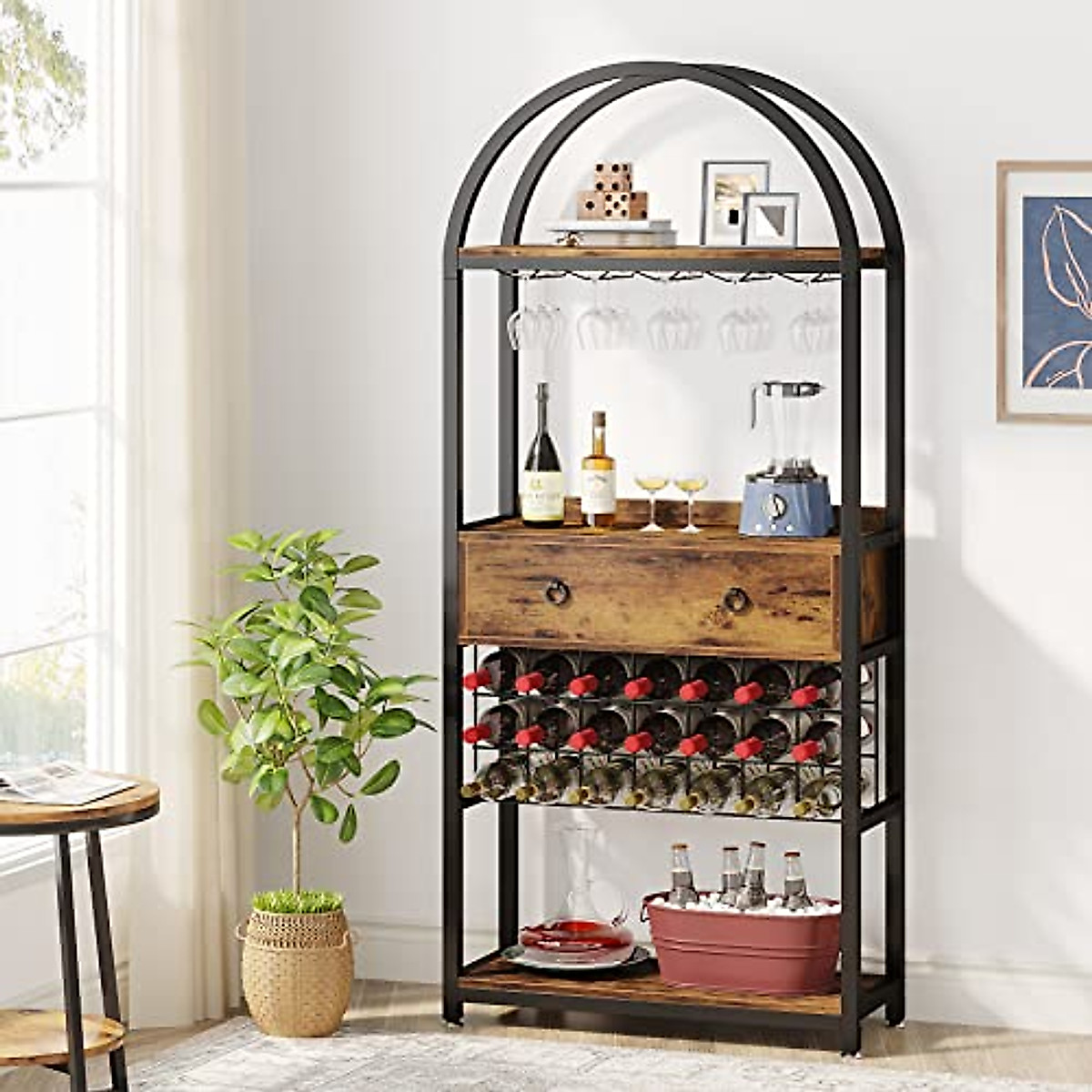 Tribesigns Wine Rack Cabinet Tall Freestanding Floor Liquor Cabinet with Glasses Holder and 1 Drawer, Industrial 21-Bottle Metal and Wood Wine Rack Table for Home Bar, Kitchen, Dining, Rustic Brown