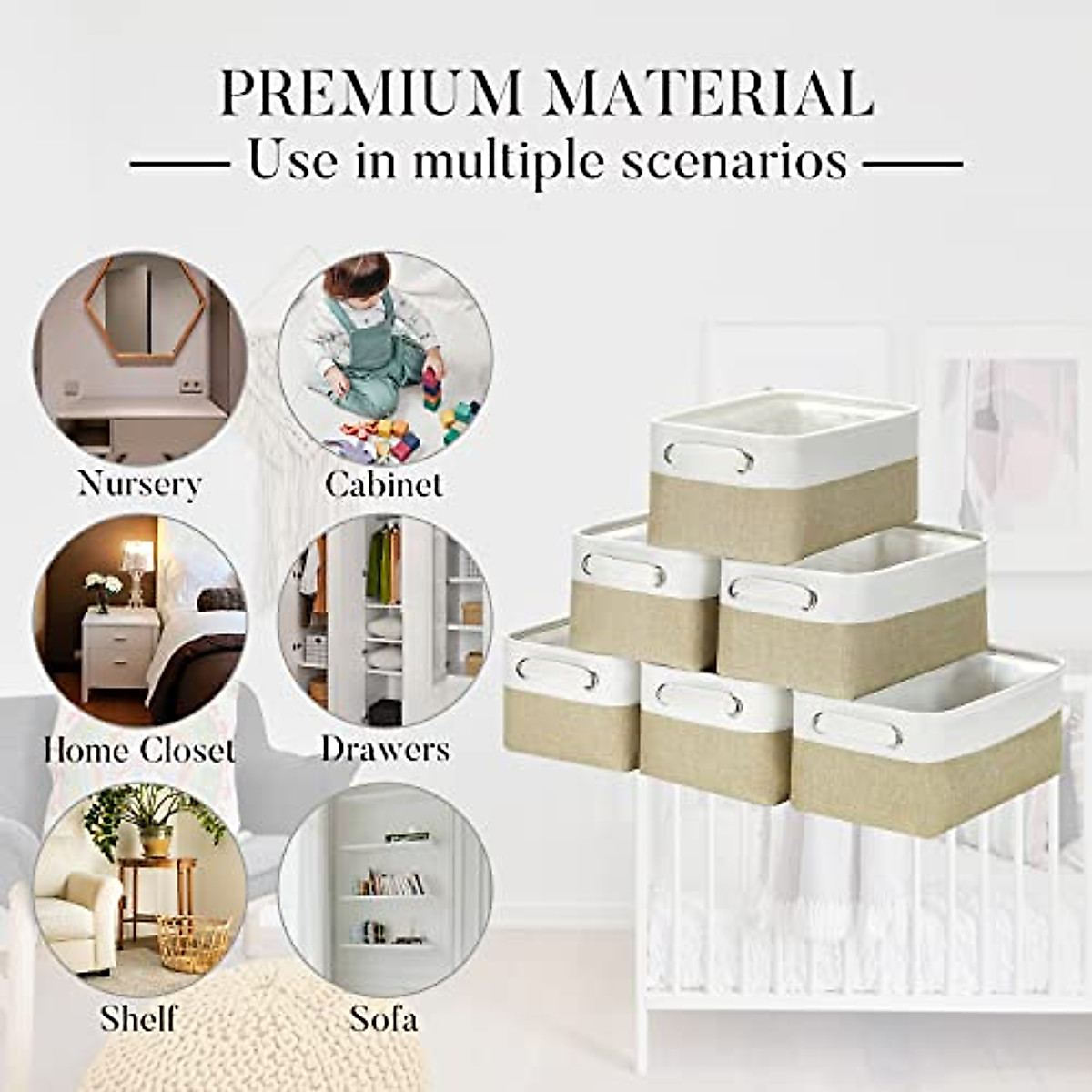 DULLEMELO Set of 6 Fabric Storage Baskets Bins for Organizing, Small Storage Baskets for Shelves, Closets, Nursery, Home, Office, Empty Gift Baskets (White&Khaki-Cloth Handles)