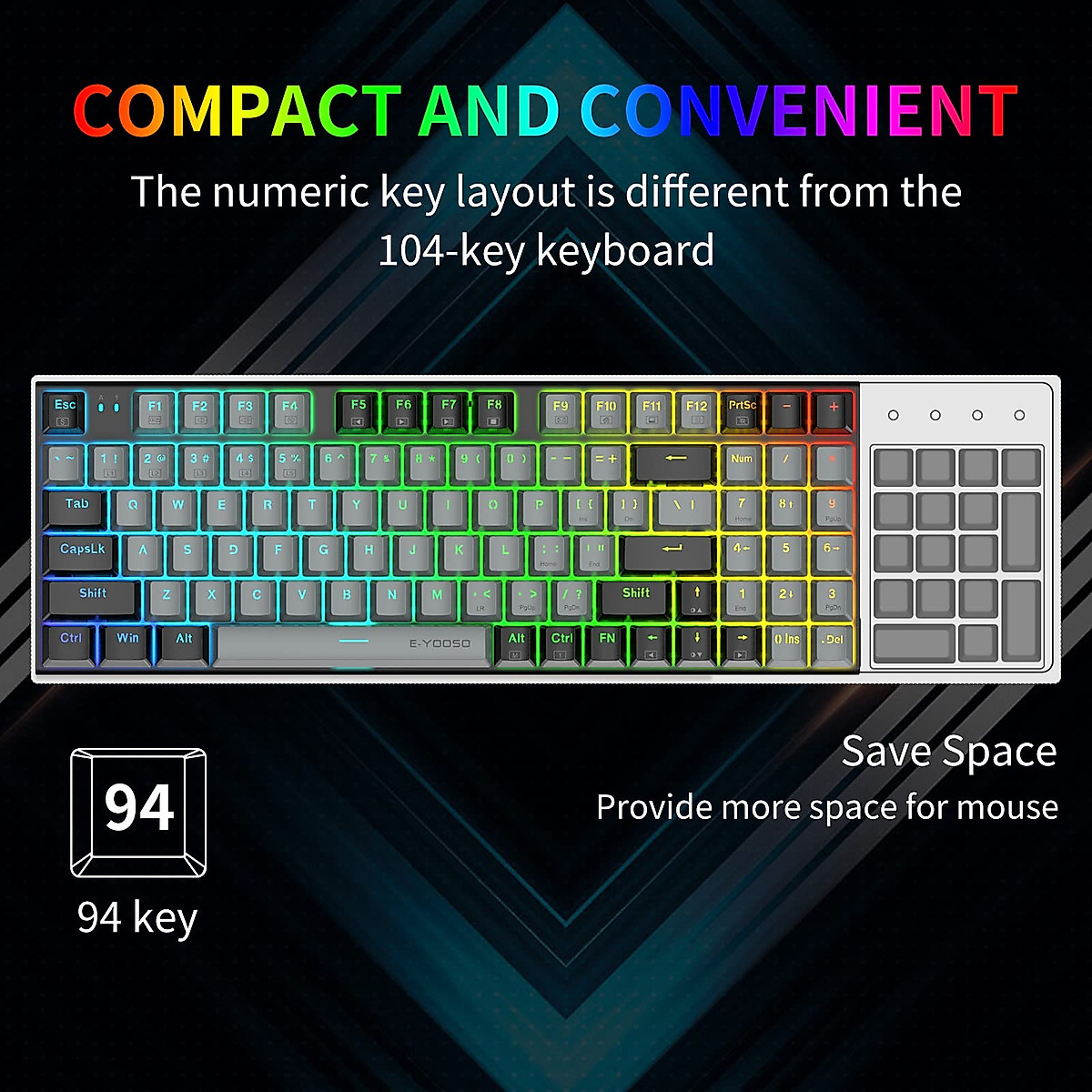 HUO JI E-YOOSO Z-19 Mechanical Gaming Keyboard with Number Pad, True RGB Backlit, 5 Pin Hot Swappable Red Switches, Pro Software Supported, Wired Compact 94 Keys for PC/Computer, Grey Black