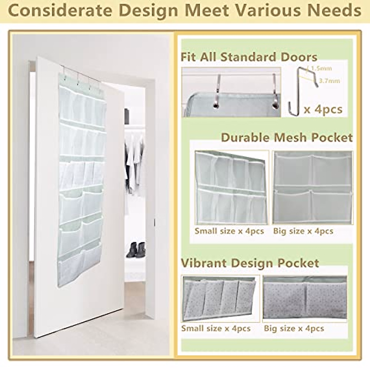 KANCNT 18 Pocket Over the Door Shoes Organizers, Hanging Storage Rack, Closet Hang Holder Rack with 4 Metal Hooks to Organize Shoes Toys Hat Underwear Socks in Entryway,Bathroom,Pantry