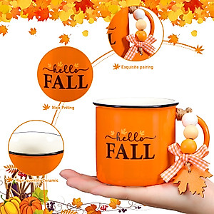 Roshtia 2 Pcs Fall Coffee Mug Enamel Thanksgiving Hello Pumpkin Mini Coffee Cups with Wood Bead Ornaments Fall Tiered Tray Decoration for Thanksgiving Fall Party