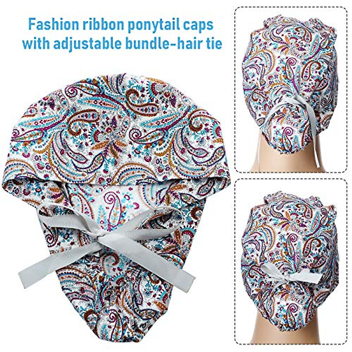 Geyoga 3 Pieces Adjustable Bouffant Hats with Buttons, Tie Back Hats with Sweatband for Women Men