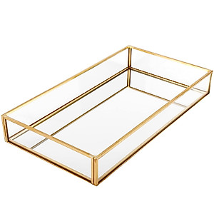 HighFree Gold Vintage Glass Decorative Mirror Tray Jewelry Tray Serving Tray Vanity Tray Cosmetics, Makeup, Trinket Organizer for Dresser, Bathroom and Bedroom (11.8x7.9x2)