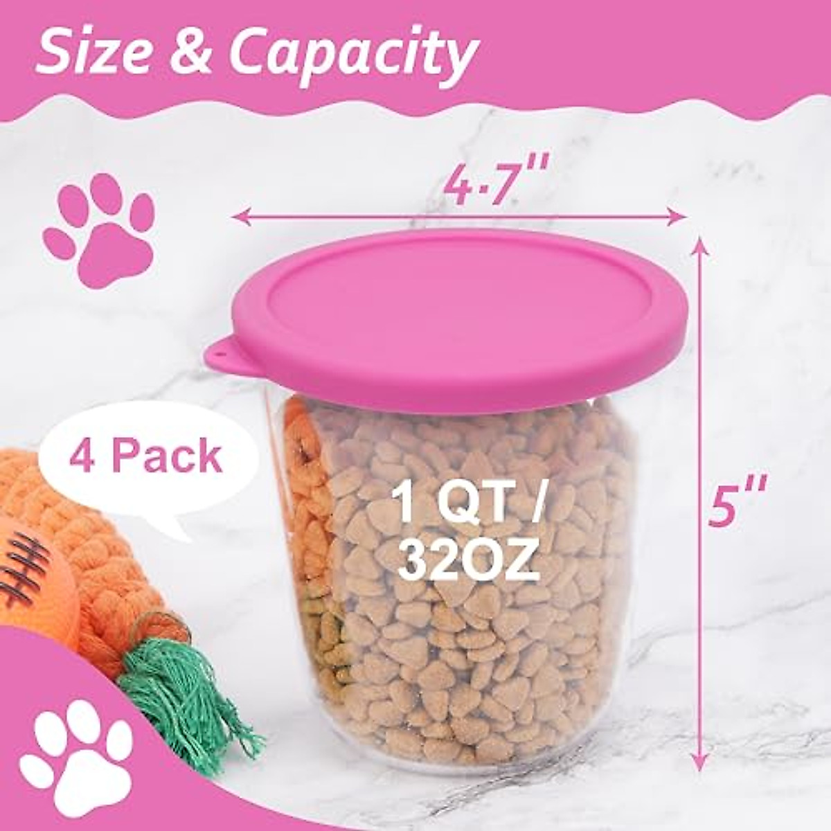 LUVCOSY 4 Pack Dog Treat Container with Silicone Lids, 32 OZ Dog Food Storage Container, BPA-Free Pet Treats Storage Organizer for Dog and Cat, Airtight Treats Canister for Dog Cookie, Pet Snacks