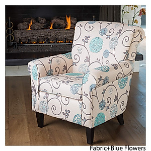 Christopher Knight Home Roseville Blue Floral Accent Lounge Chair, Decorative Club Chair, Wood, in Blue Flower and Vines Pattern