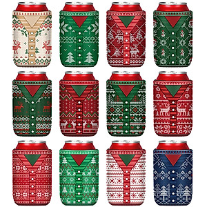 Maxcheck 24 Pcs Christmas Sweater Style Can Cooler Sleeves Xmas Holiday Can Insulated Covers Neoprene Funny Coolers for Xmas Holiday Party Decorations Supplies Canned Beverages Bottle Drink, 12 Styles