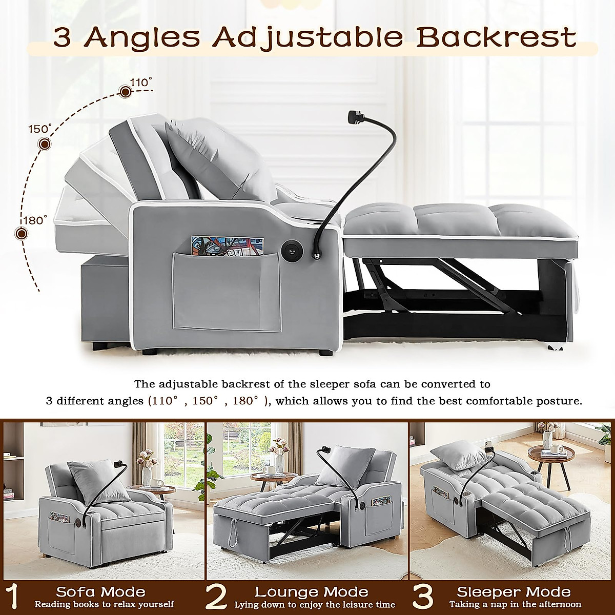 KINFFICT Sleeper Sofa Chair Bed, Convertible 3-in-1 Sofa Armchair, Adjustable Sleeper Chair with Pullout Bed, Single Lounger Futon Chair Bed with Side Pockets for Living Room (Grey)