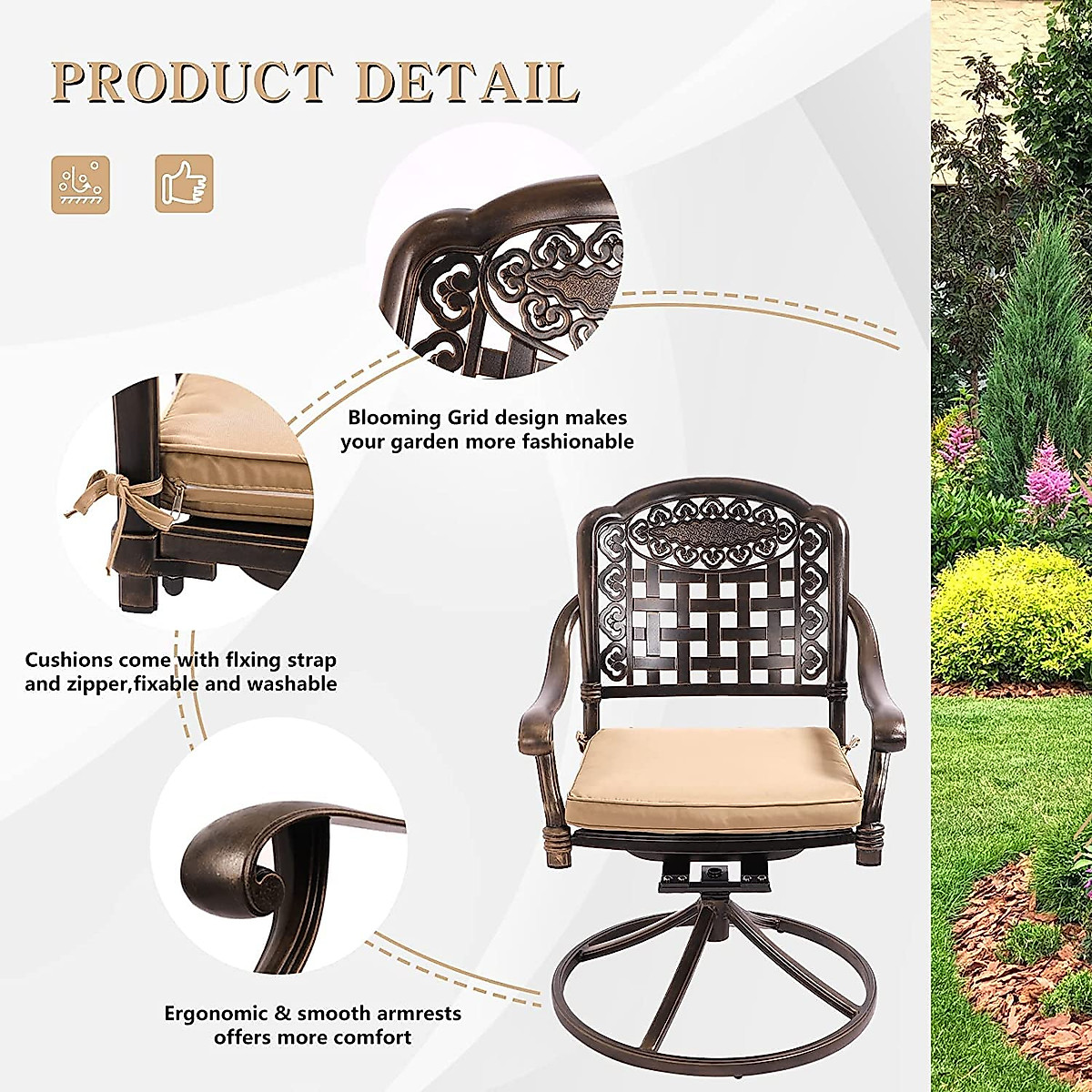 TITIMO 7 Piece Cast Aluminum Patio Dining Set, Outdoor Dining Furniture Patio Table and Chairs Set with 4 Stackable Chairs, 2 Swivel Chairs & 1 Rectangle Dining Table for Backyard Garden Deck