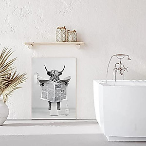 Funny Highland Cow Wall Art in Bathtub, Black and White Canvas Cow In Bathroom Picture, Humor Animals Bathroom Artwork Prints Rustic Farmhouse Style Wall Decor Ready To Hang for Living Room, Bathroom, Bedroom, Kids Bathroom Decor (12"x16", Framed)