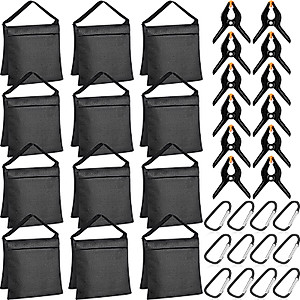 Hoteam 12 Sets Sandbag Outdoor Curtain Weighted Bags Sets with Spring Clamps, Hooks for Light Brackets, Heavy Photography Light Stand Tripod for Fixed Brackets Sports Outdoor Photo Video