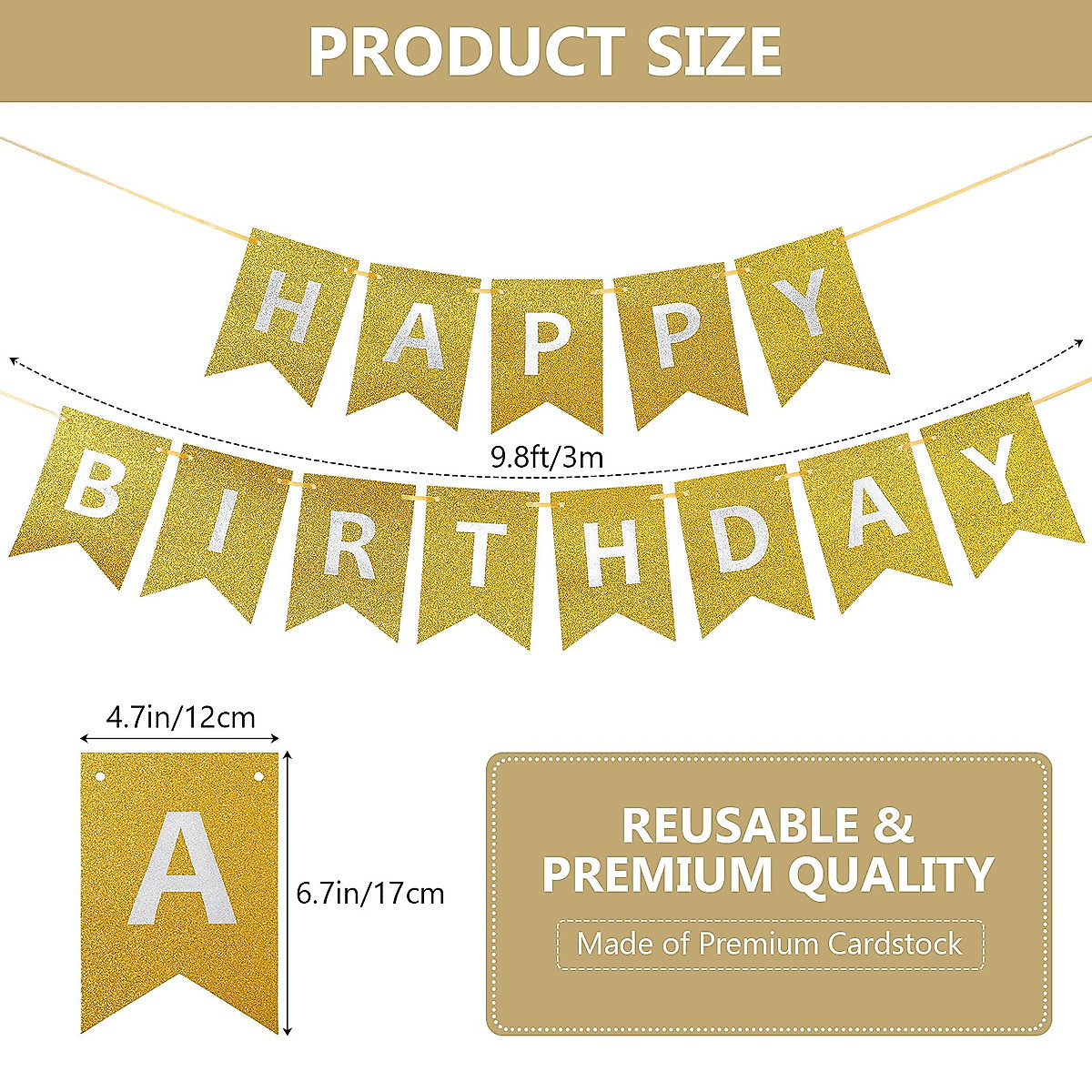 Happy Birthday Banner with Shiny Letters Glitter Happy Birthday Banner Shiny Birthday Hanging Signs Birthday Party Supplies (Gold)