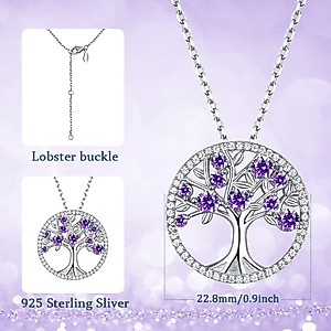 Zes-Husa February Birthstone Amethyst Jewelry Tree of Life Birthstone Pendant Necklace for Women Girls Valentines Day Gifts, Sterling Sliver Necklace Anniversary Birthday Gifts for Mom Wife