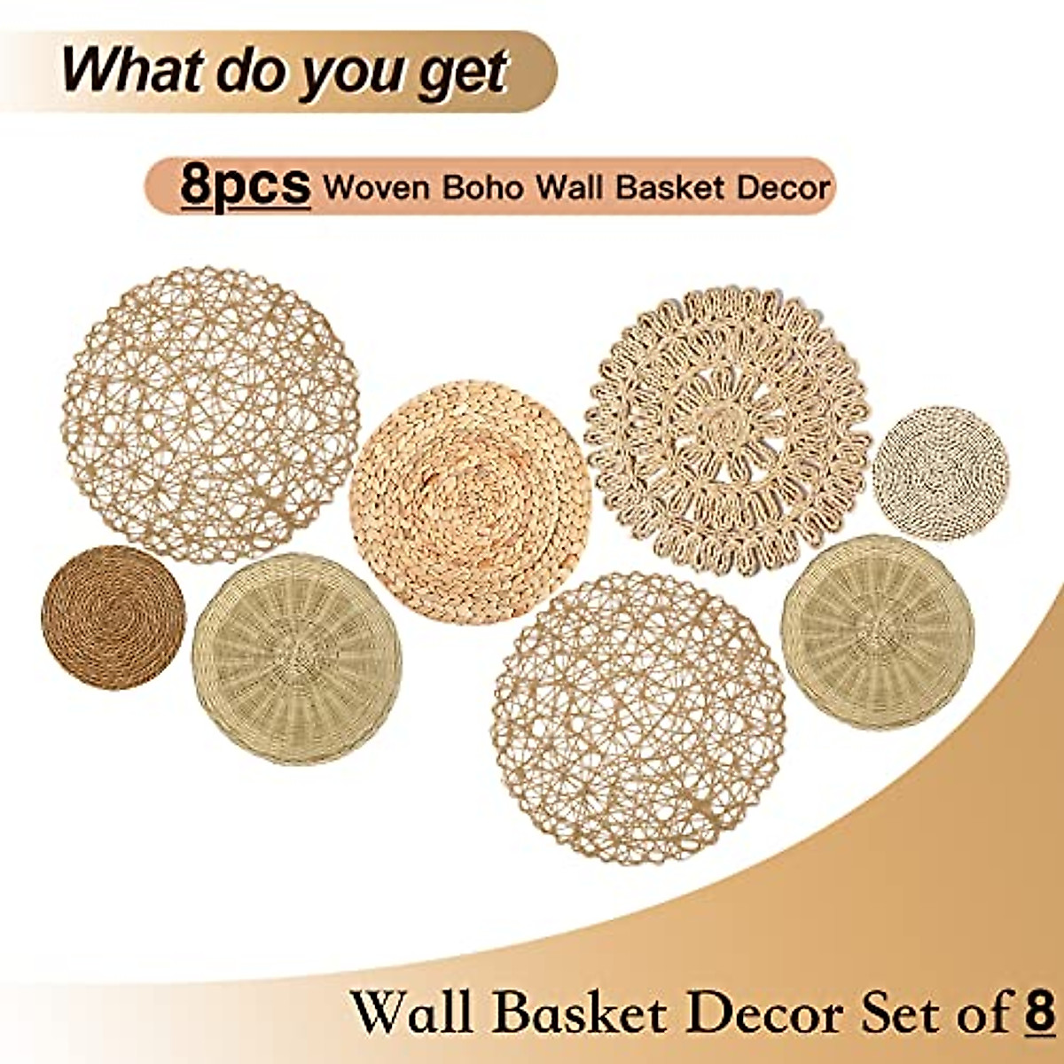 Boho Wall Basket Decor set of 8 (Size: 4.3"-15"), Handmade Boho Wall Baskets Decor, Woven Seagrass Wicker Rattan Flat African Baskets Wall Hanging Decor