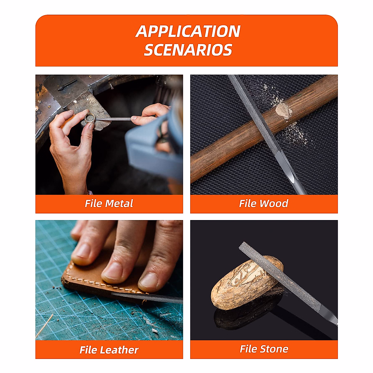 DIFFLIFE 7'' Needle File Set (Carbon Steel 6 Piece-Set) File Handles, Hardened Alloy Strength Steel - Set Includes Flat, Flat Warding, Square, Triangular, Round, and Half-Round File (6-Piece)