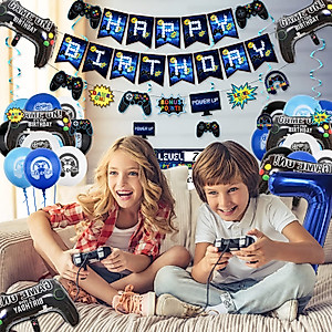 Video Game Party Decorations - 7th Birthday Decorations for Boys, HAPPY BIRTHDAY Banner, Video Game Balloons, Number 7 Blue Balloons, Gaming Hanging Swirls, Game On Birthday Party Supplies