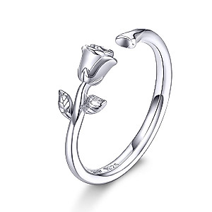 BISAER 925 Sterling Silver Rose Flower Ring for Women Adjustable Stacking Wedding Engagement Rings