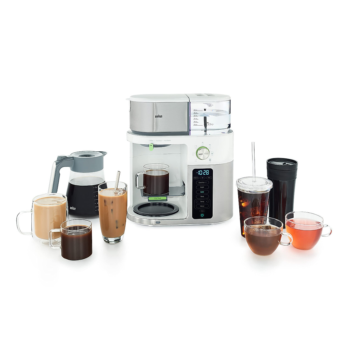 Braun MultiServe Coffee Machine 7 Programmable Brew Sizes / 3 Strengths + Iced Coffee & Hot Water for Tea, Glass Carafe (10-Cup), White, KF9150WH