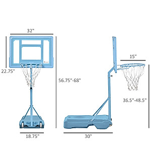 Soozier Poolside Basketball Hoop Stand, 36.5"-48.5" Height Adjustable Portable Hoop System w/Clear Backboard & Fillable Base for Whole Family, Blue, White