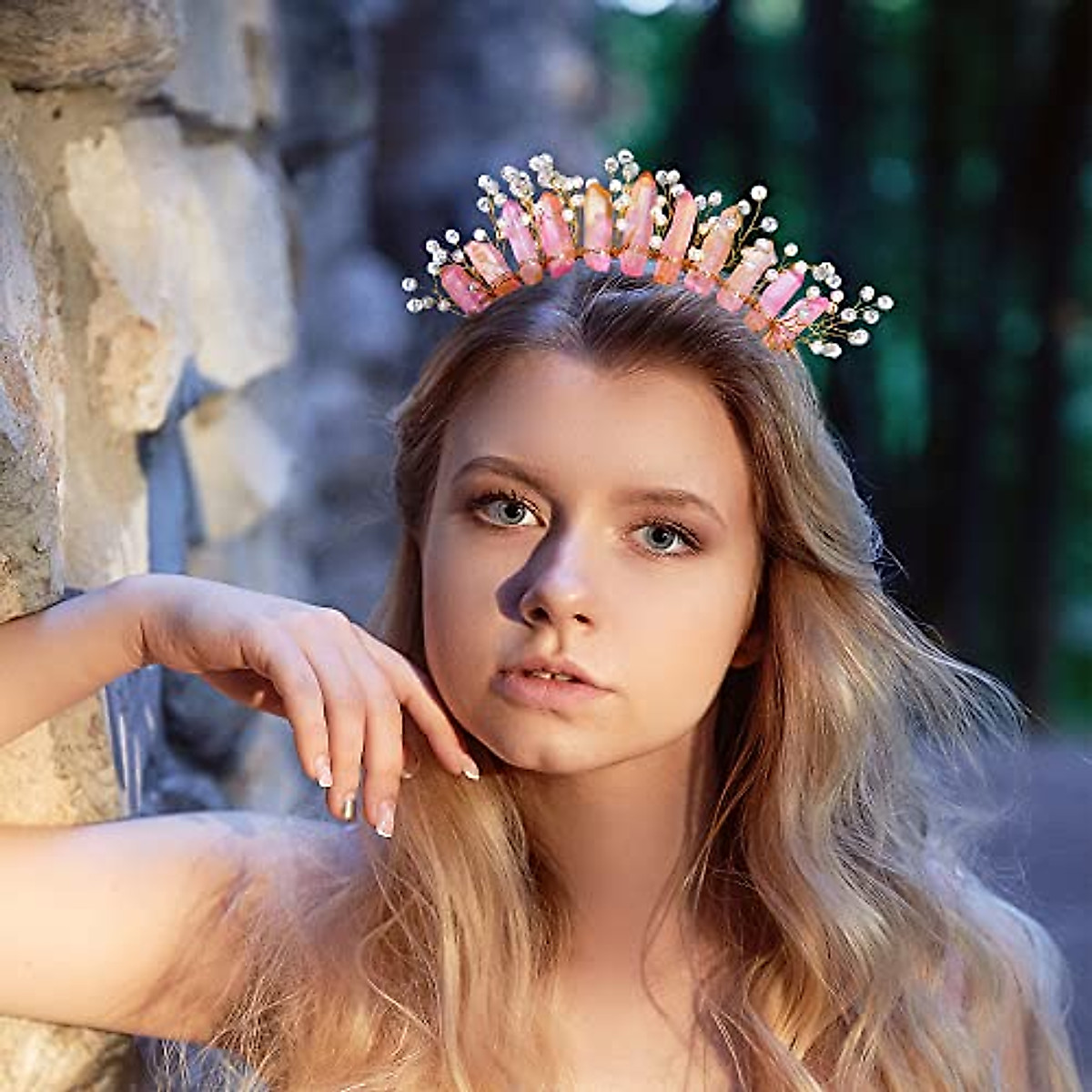 COSUCOS Raw Quartz Crystal Crown - Mermaid Crown Fairy Pink Headwear Goddess Headpiece Handmade Tiara Women Headband for Women Wedding Birthday Party Photography Costume Renaissance Faire