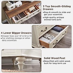 T4TREAM Farmhouse 7 Drawers Dresser Chests for Bedroom w/ 4 Solid Wood Feet & Column Decor, Tall Wide Wood Country Rustic Chest of Drawers, Storage Dressers for Bedroom, Living Room, Antique White