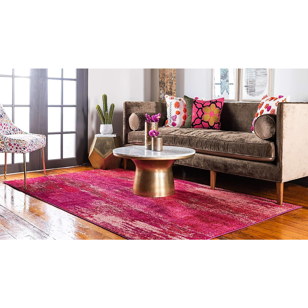 Unique Loom Jardin Collection Colorful, Vibrant, Abstract Watercolor Area Rug, 6' 1" x 9' Rectangle, Pink/Brown