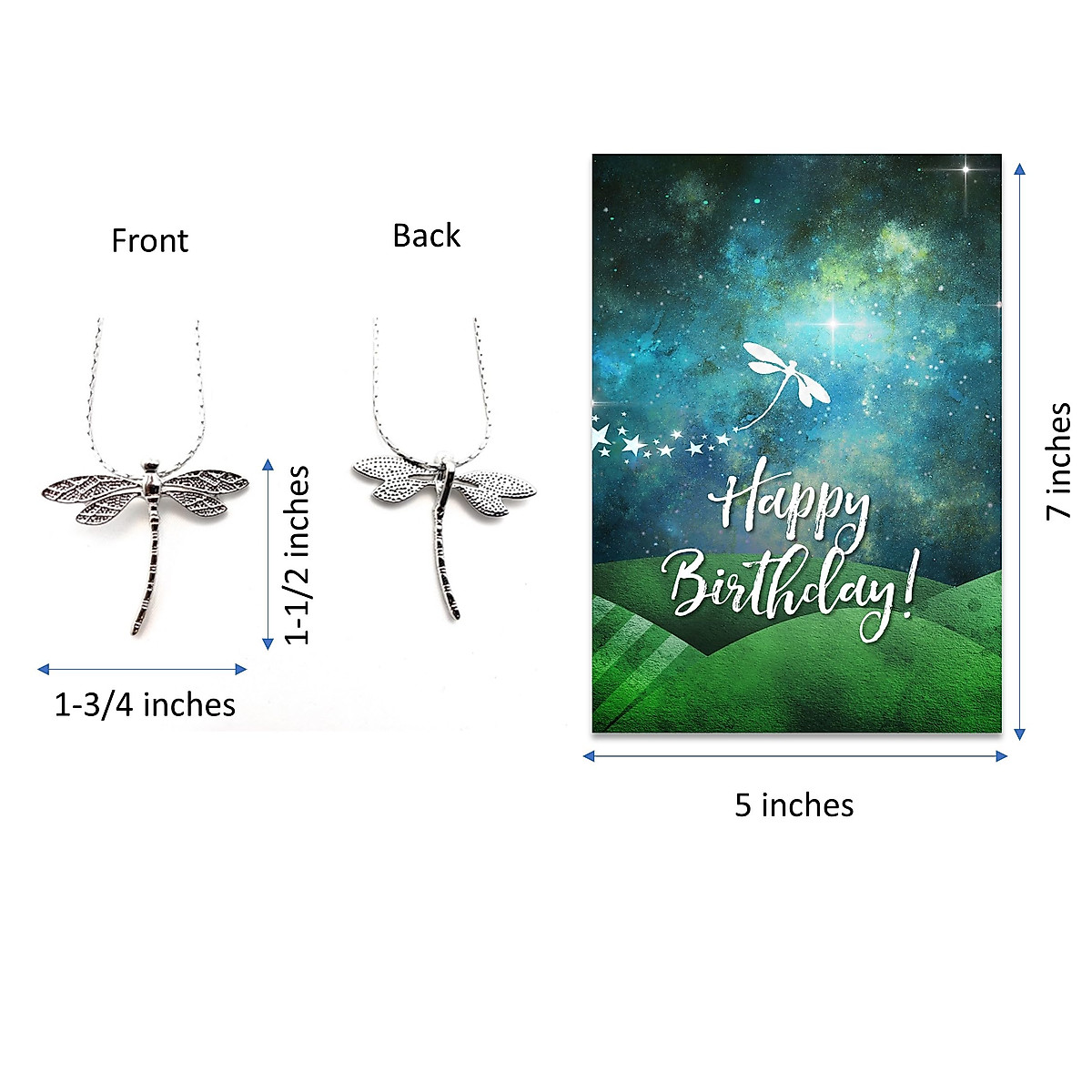 Smiling Wisdom - Happy Birthday Greeting Card Dragonfly Necklace Gift Set - Teen Women (Green Silver Dragonfly)