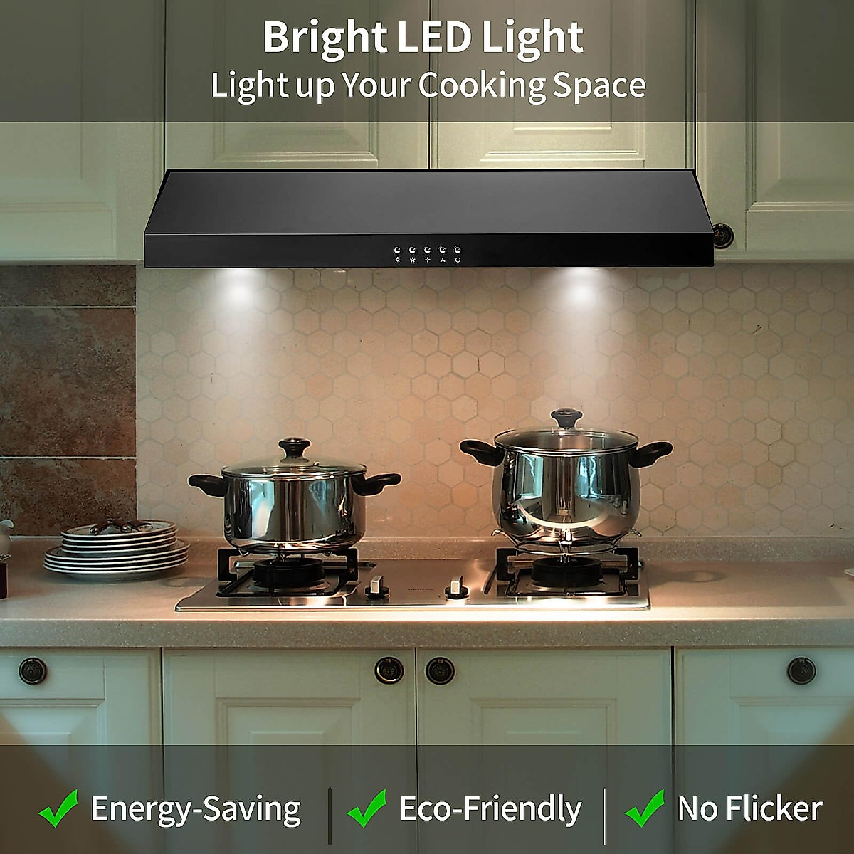 SNDOAS Range Hood 30 inch Under Cabinet,Black Range Hood with 500 CFM,Ductless Range Hood Black,Stainless Steel Kitchen Vent Hood 30 inch with 3 Way Venting,Baffle Filters,LED Lights