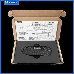 Tyger K4 EDC Folding Pocket Knife | Stone-washed AUS-8 Steel Blade with Black Titanium Ion Carbide Coating | Black G-10 Handle | TG-KF7A2858