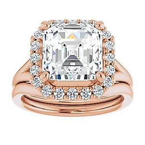Asscher Moissanite Engagement Ring Set 4 CT Handmade 18K Solid Rose Gold Rings for Women Solitaire Colorless Diamond Anniversary Halo Bridal Wedding Ring Proposal Gifts VVS1 Colorless
