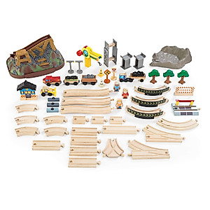 KidKraft Bucket Top Construction Wooden Train Set with Bulldozer, Working Crane, Tracks, Storage and 61 Play Pieces, Gift for Ages 3+