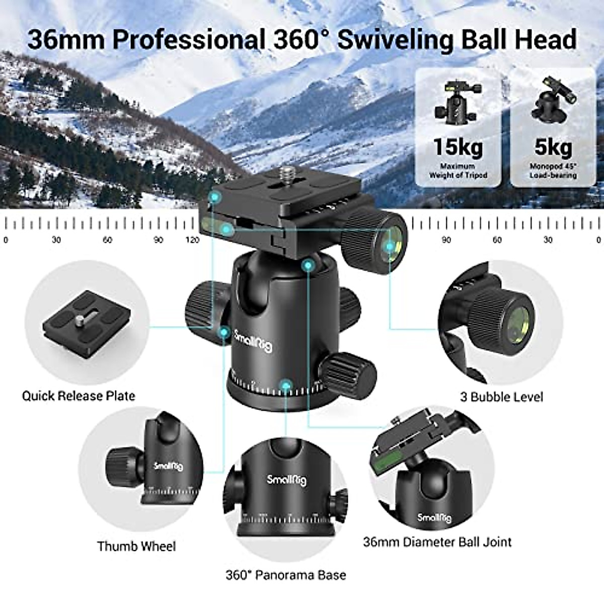 SmallRig 71" Camera Tripod, Foldable Aluminum Tripod & Monopod, 360°Ball Head Detachable, Payload 33lb, Adjustable Height from 16" to 71" for Camera, Phone-3935