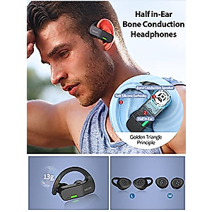DACOM Bone Conduction Headphones Half in-Ear True Wireless Bluetooth Earbuds with Earhooks 26 Hrs Playtime with Charging Case Open Ear Sport Earphones with Mic Headset for Running Workout Black