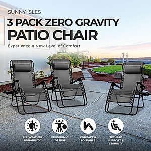 Four Seasons Courtyard Sunny Isles XL Zero Gravity Outdoor Patio Reclining Chair Steel Frame Comfortable Lounge Seating Furniture Set, 3 Pack, Black