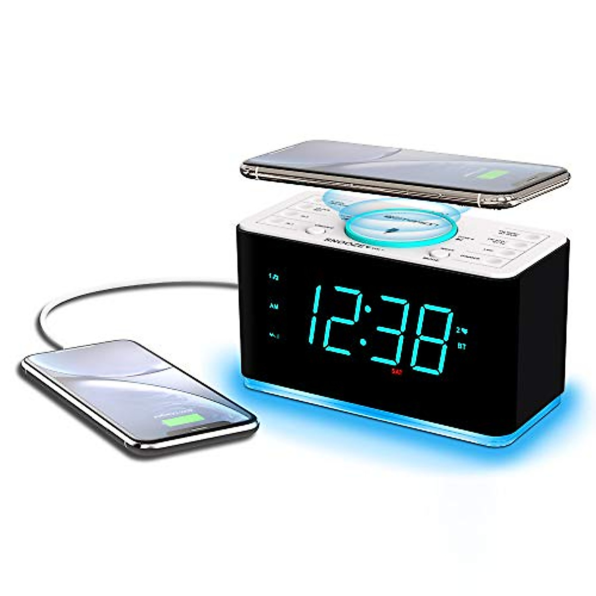 Emerson ER100401 Smartset 15Watt Ultra Fast Wireless Charging Dual Alarm Clock Radio with Bluetooth Speaker, USB Charger, Cyan LED Night Light and 1.4" Display