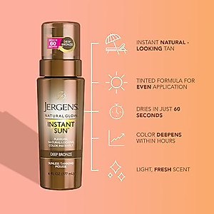 Jergens Natural Glow Instant Sun Body Mousse, Self Tanner for Deep Bronze Tan, Sunless Tanning Body Bronzer for Natural Looking Color Instantly, 6 Oz