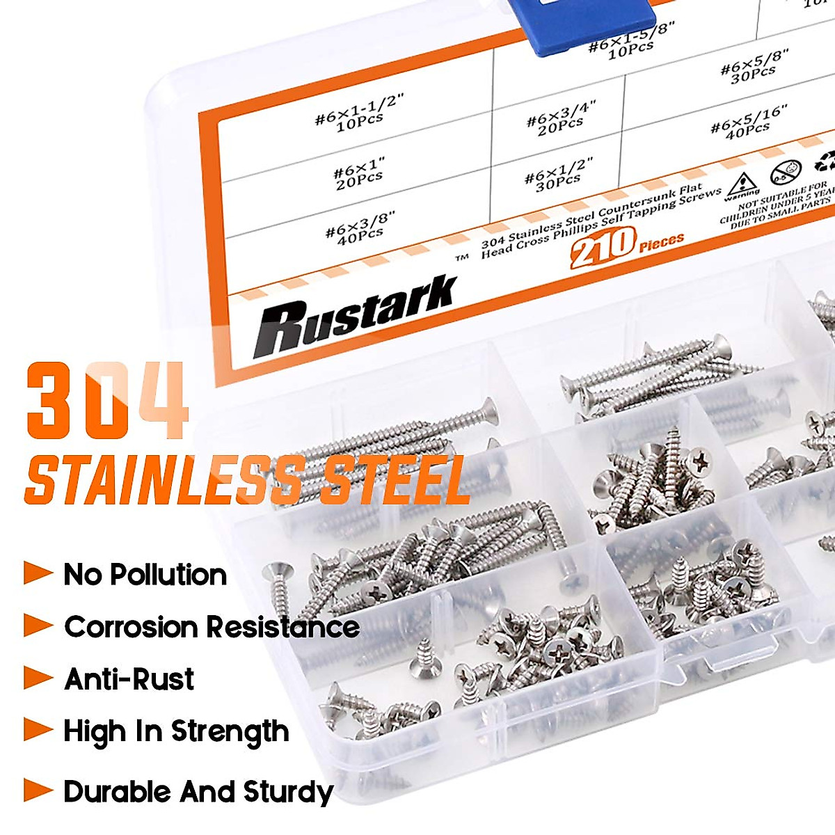 Rustark 210Pcs [#6 5/16'' to 1-1/2''] 304 Stainless Steel Flat Head Phillips Cross Wood Screw Drive Self-Drilling Screws Assortment Kit