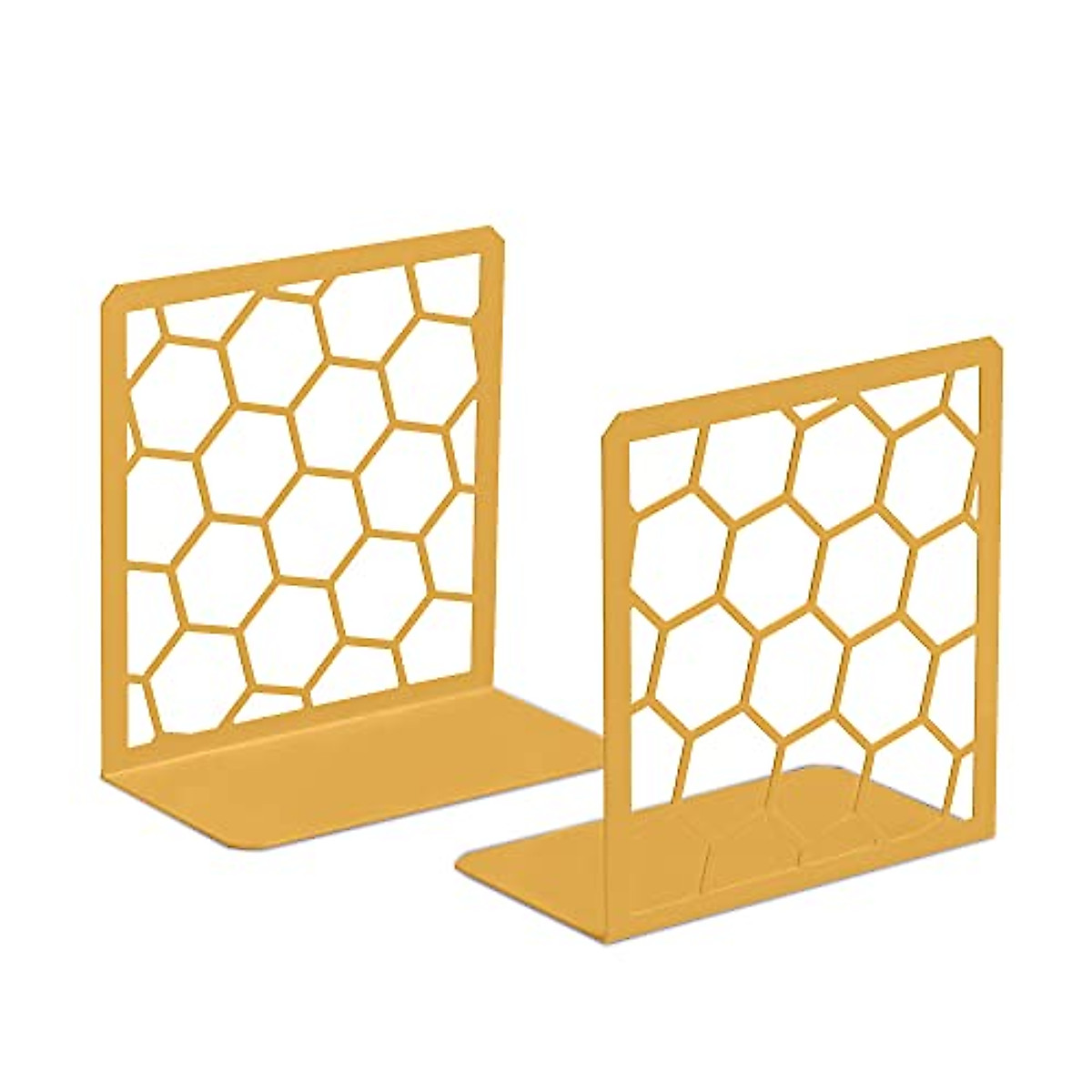 Premium Geometric Gold Honeycomb Bookends for Shelves, Metal Book Ends for Office, L-Shaped Book Stopper, Rustproof Bookends Decorative Unique for Home, 6.25 (L) x 6 (W) inches, 1 Pair - Geomod